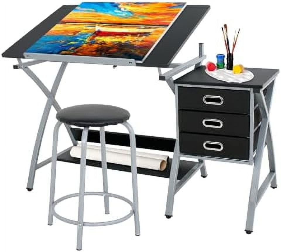 Drafting Table and Stool, Tilted Draft Table Desk w/Drawers, Artist ...