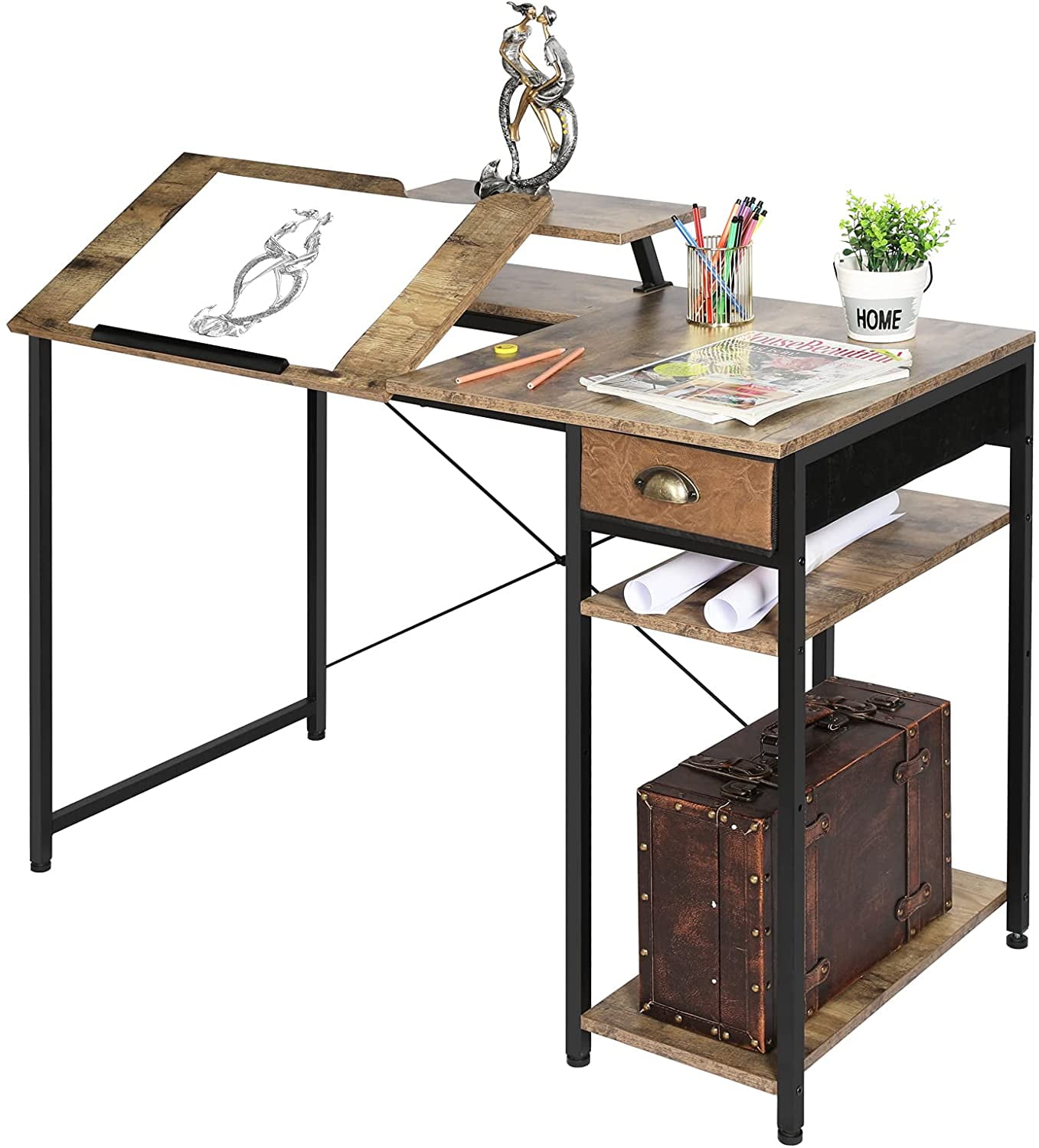 Drafting Table with Storage Shelves & Drawer, 43" Adjustable Art Desk ...