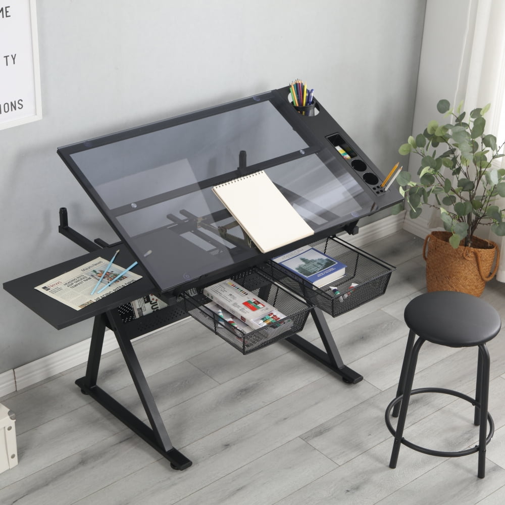 Drafting Table with Stool, Modern Black Adjustable Tempered Glass ...