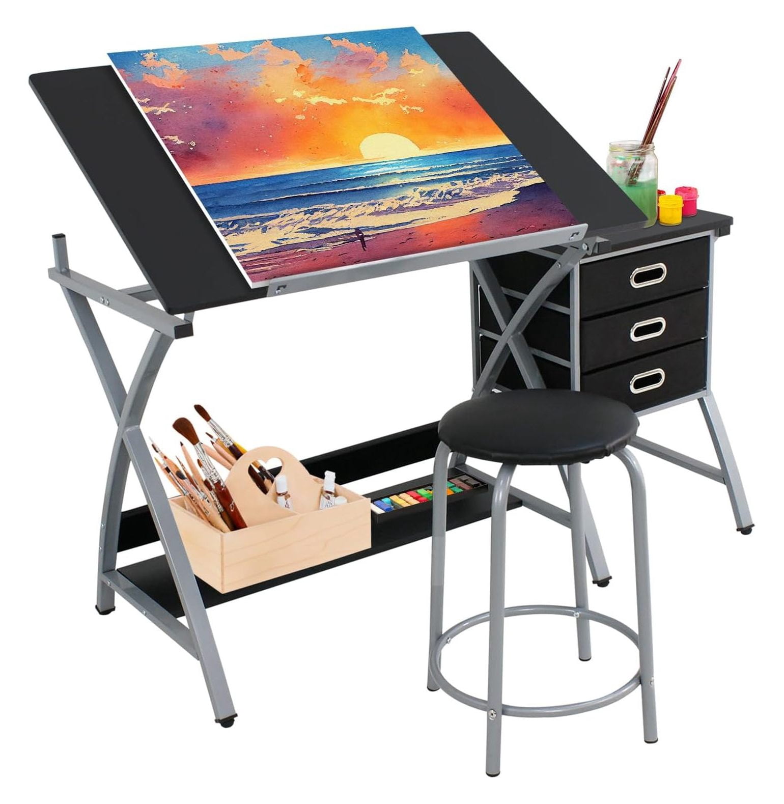 Drafting Table with Tiltable and Stool, 3 Storage Drawers, Art Desks ...