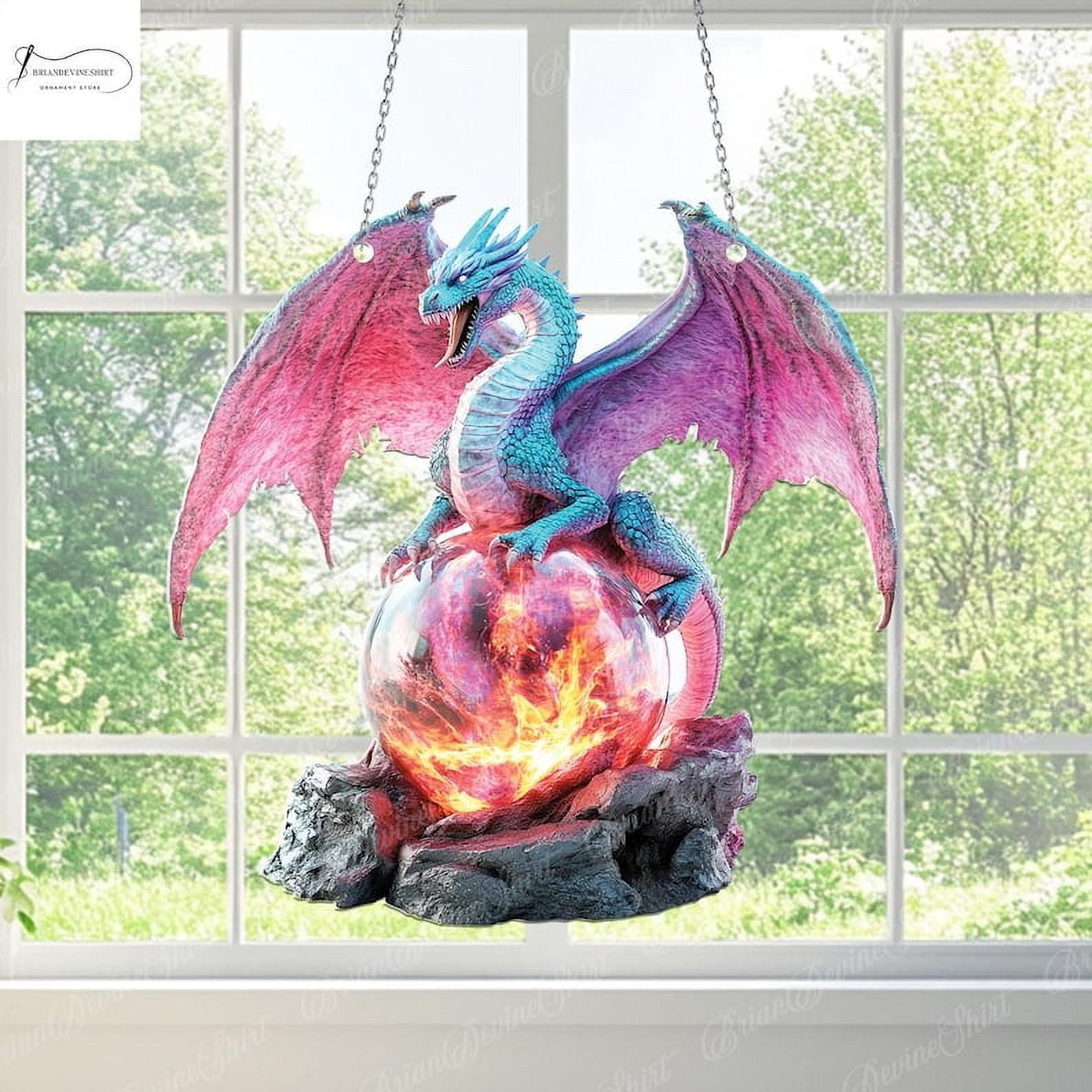 Dragon Acrylic Window Hanging, Fantasy Sun Catcher with Fire Orb ...