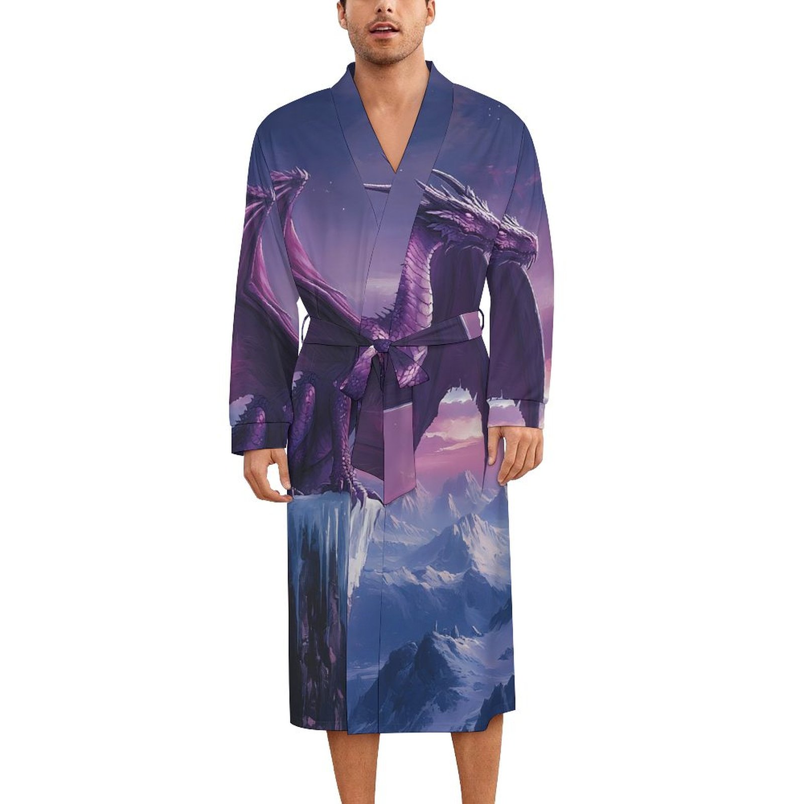 Dragon And Moon Men's Kimono Robe Milk Silk Classic Long Bathrobe ...
