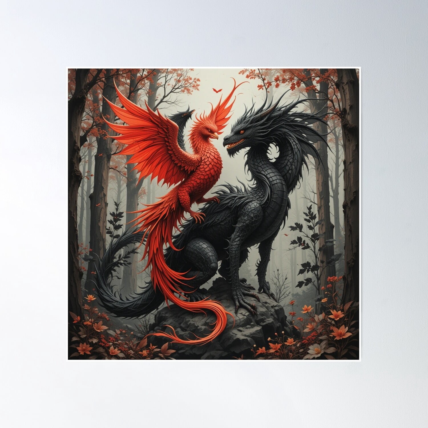 Dragon And Phoenix Poster Wall Art, Modern Wall Decor, 16x16 UNFRAMED ...