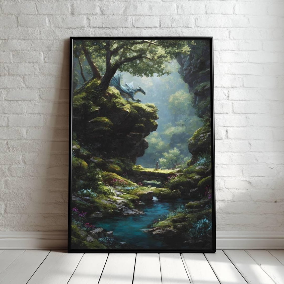 Dragon And Wizard Medieval Fantasy Wall Art, Stretched Canvas Size ...
