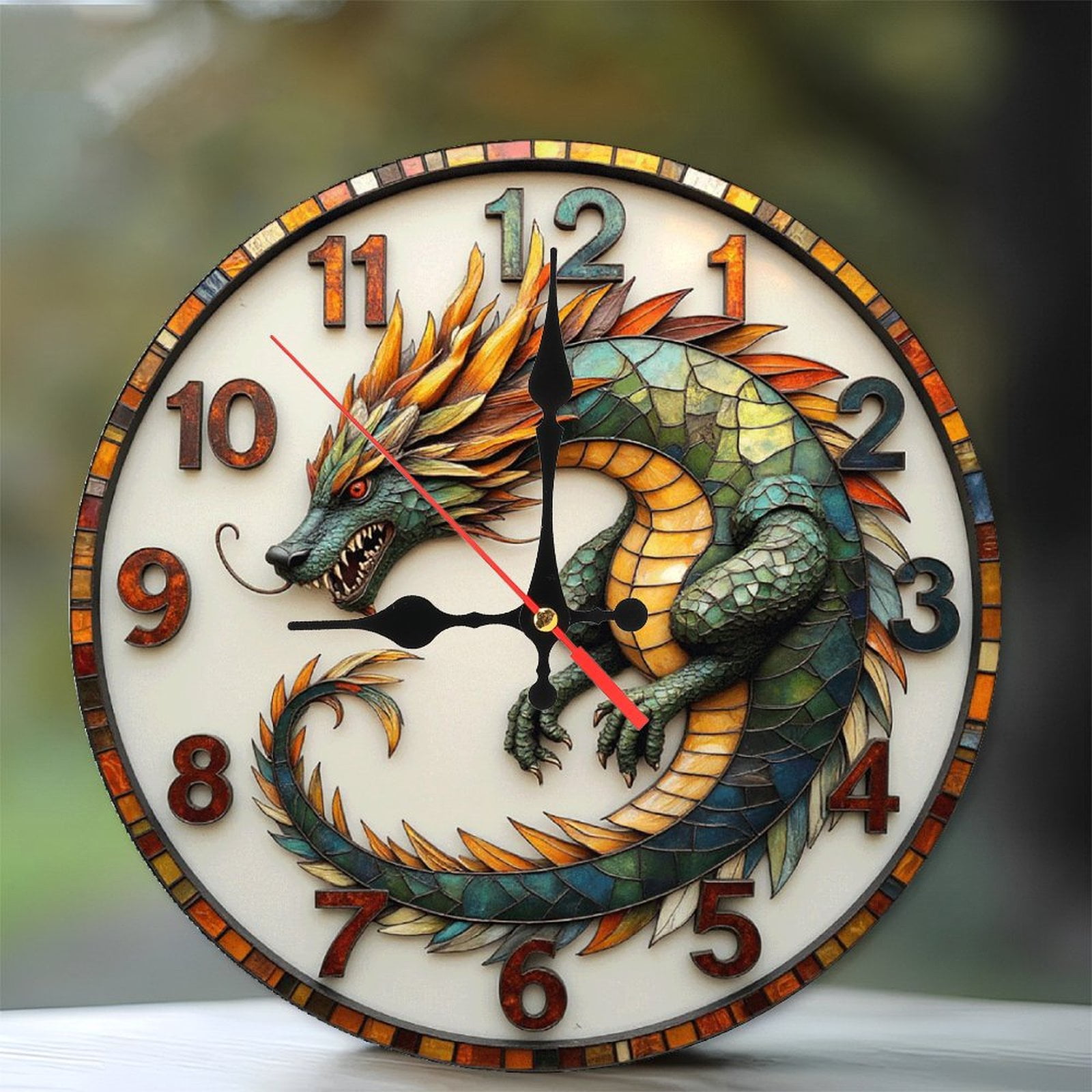 Dragon Artistic Wall Clock with Colorful Stained Glass 10-Inch Silent ...