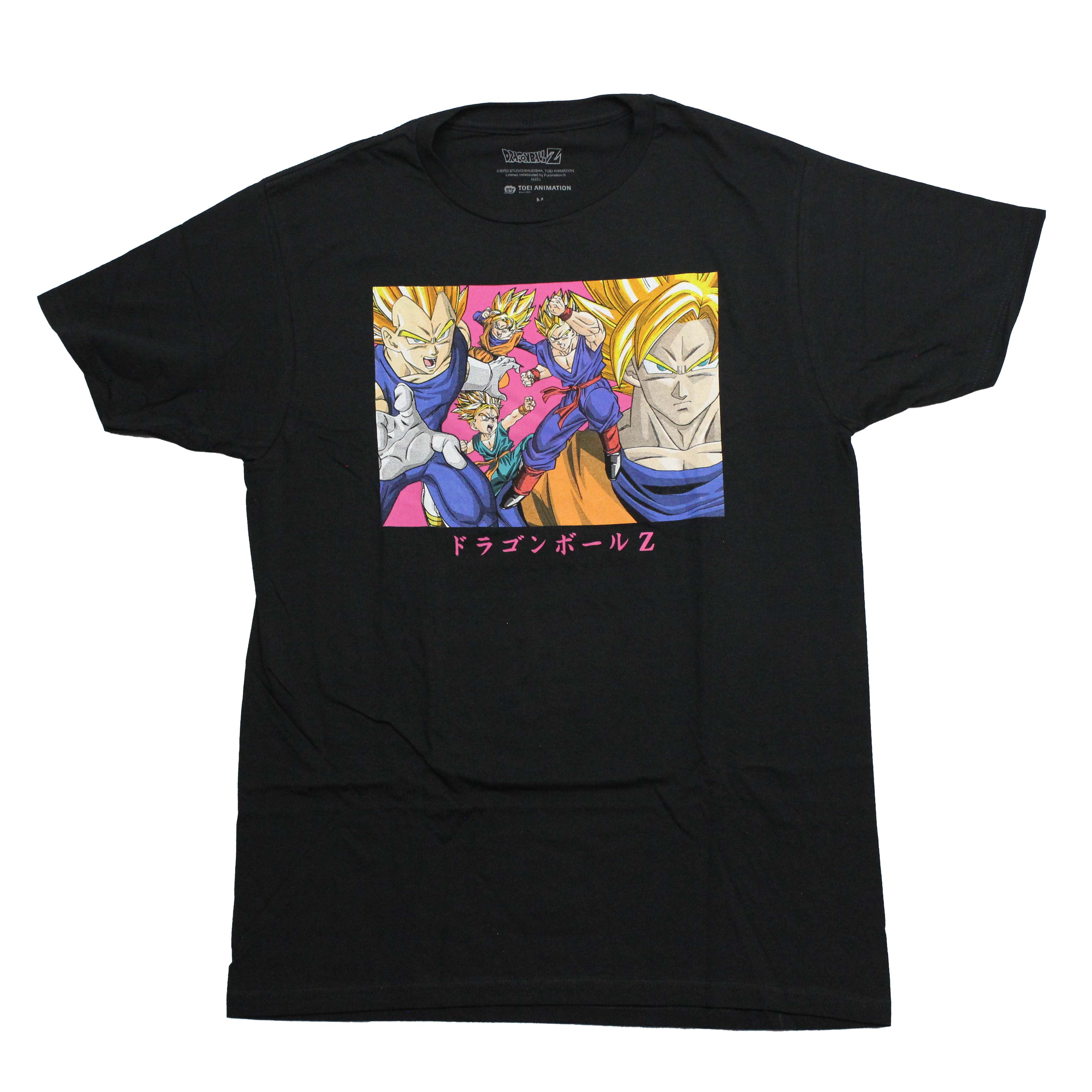 Dragon Ball Z Mens T-Shirt -Saiyans Chibi and Adult Cast Pink Logo on ...
