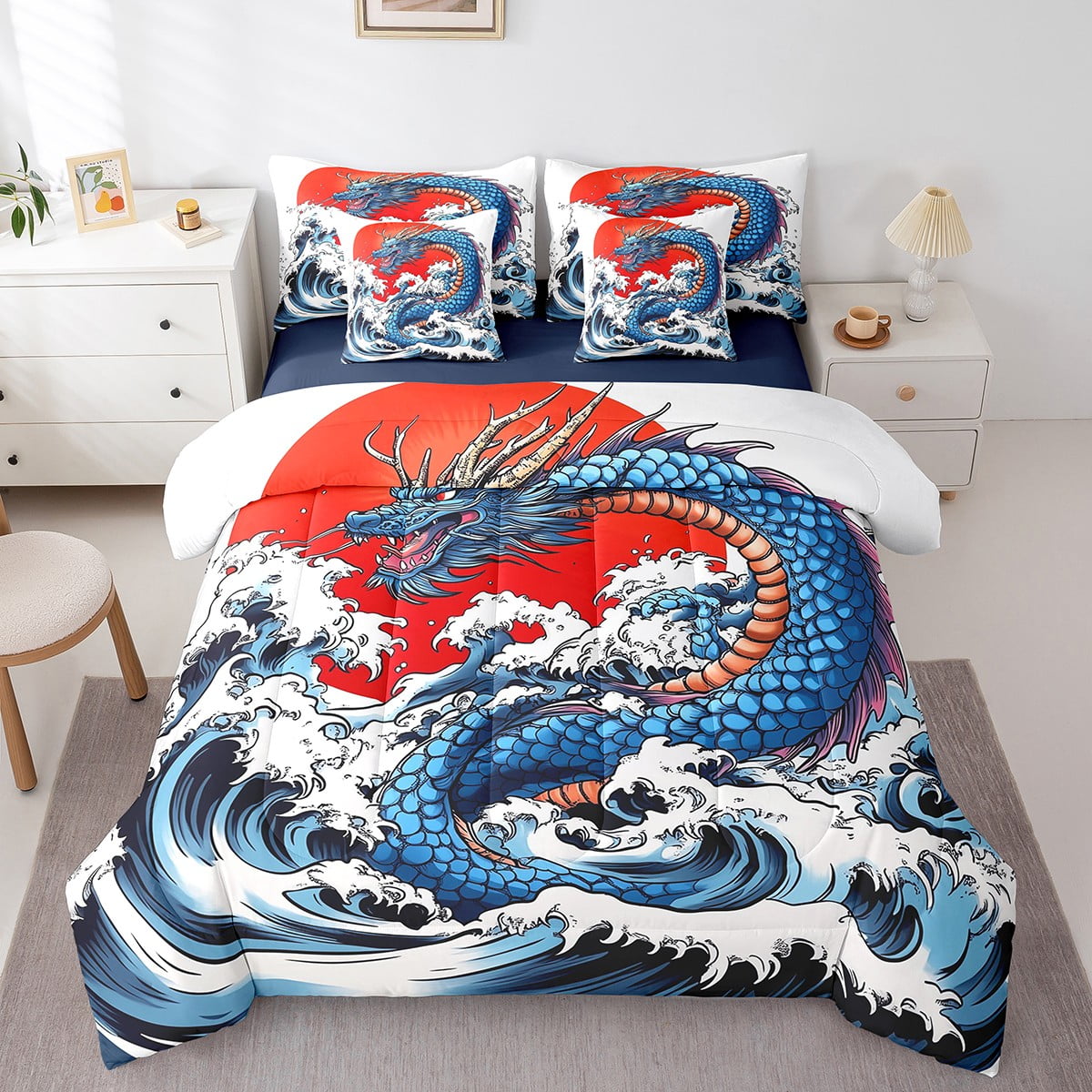 Dragon Bed In A Bag 7 Pieces Japanese Ukiyoe Theme Queen Comforter Set ...