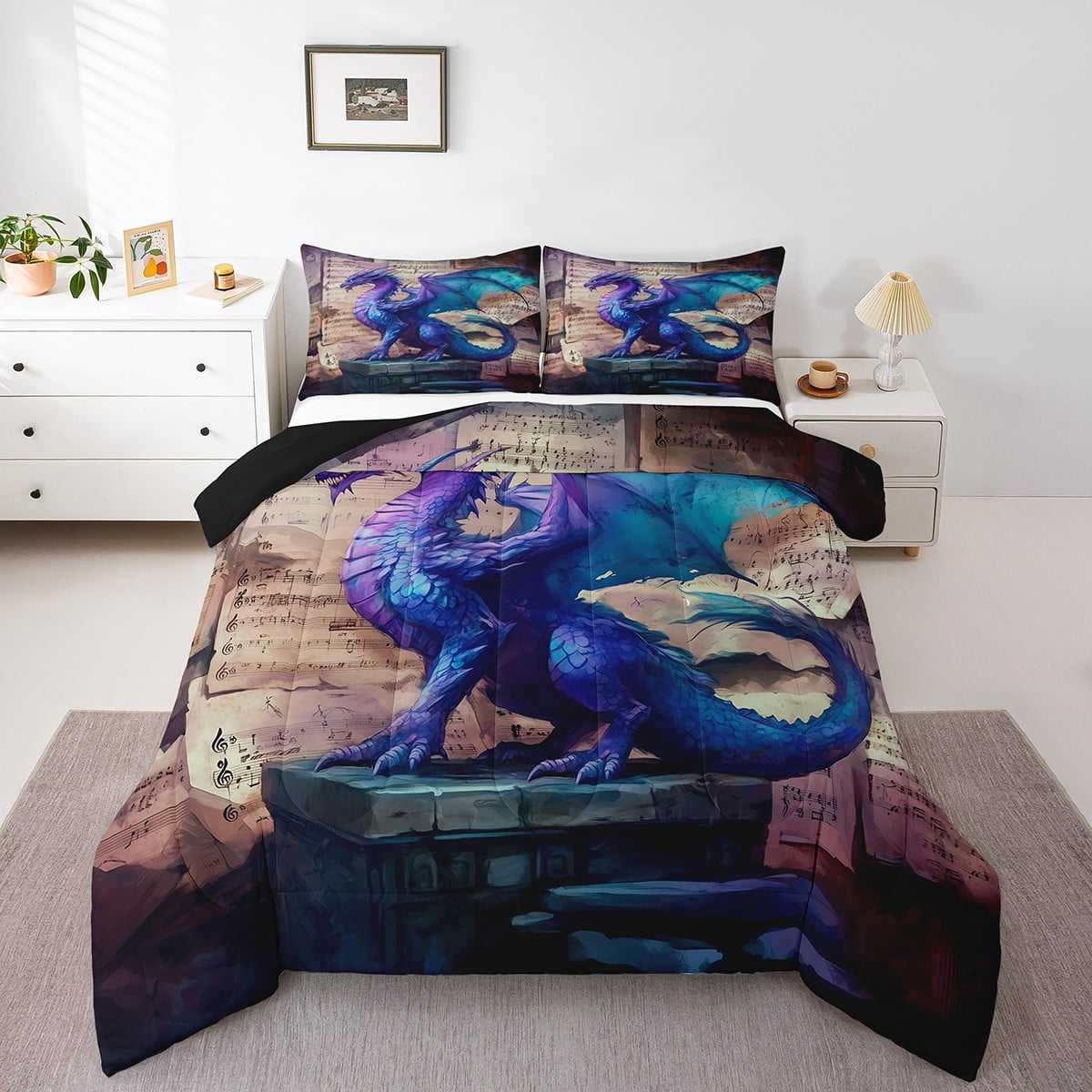 Dragon Bed Comforter Set Queen Size,Newspaper Retro Style Super Soft ...
