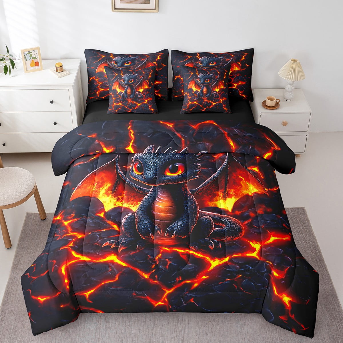 Dragon Bed Set in a Bag 7 Pcs,Volcano Eruption 3D Red Lava Flame Print ...