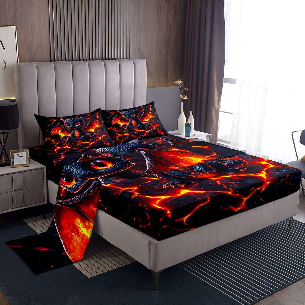 Dragon Bed Sheet King Set,Volcano Eruption 3D Red Lava Flame Print ...