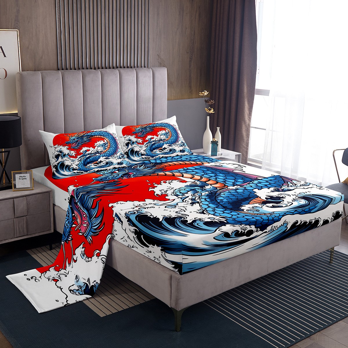 Dragon Bed Sheets Japanese Ukiyoe Theme Bedding Set King Size For Kids ...