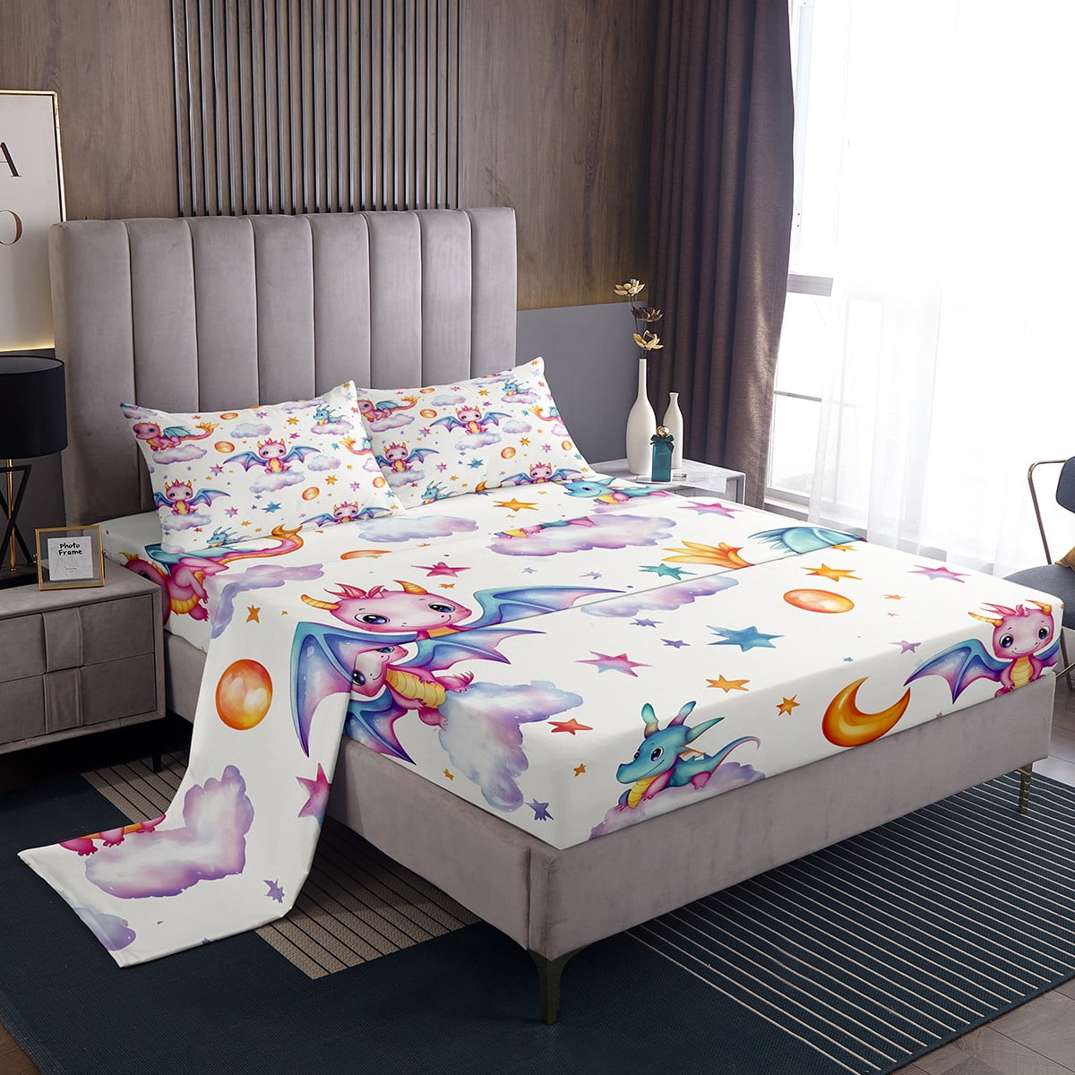 Dragon Bed Sheets Set Galaxy Stars Decor Sheet Set,Cartoon Cute Animals ...