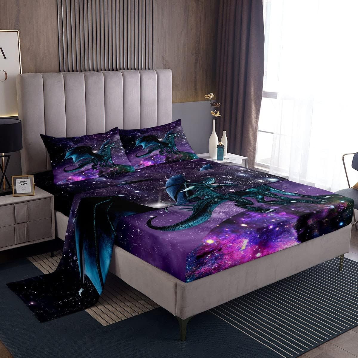 Dragon Bed Sheets Set Purple Nebula Sheet Set King Size Mysterious Outer Space Trippy Sheets for ...