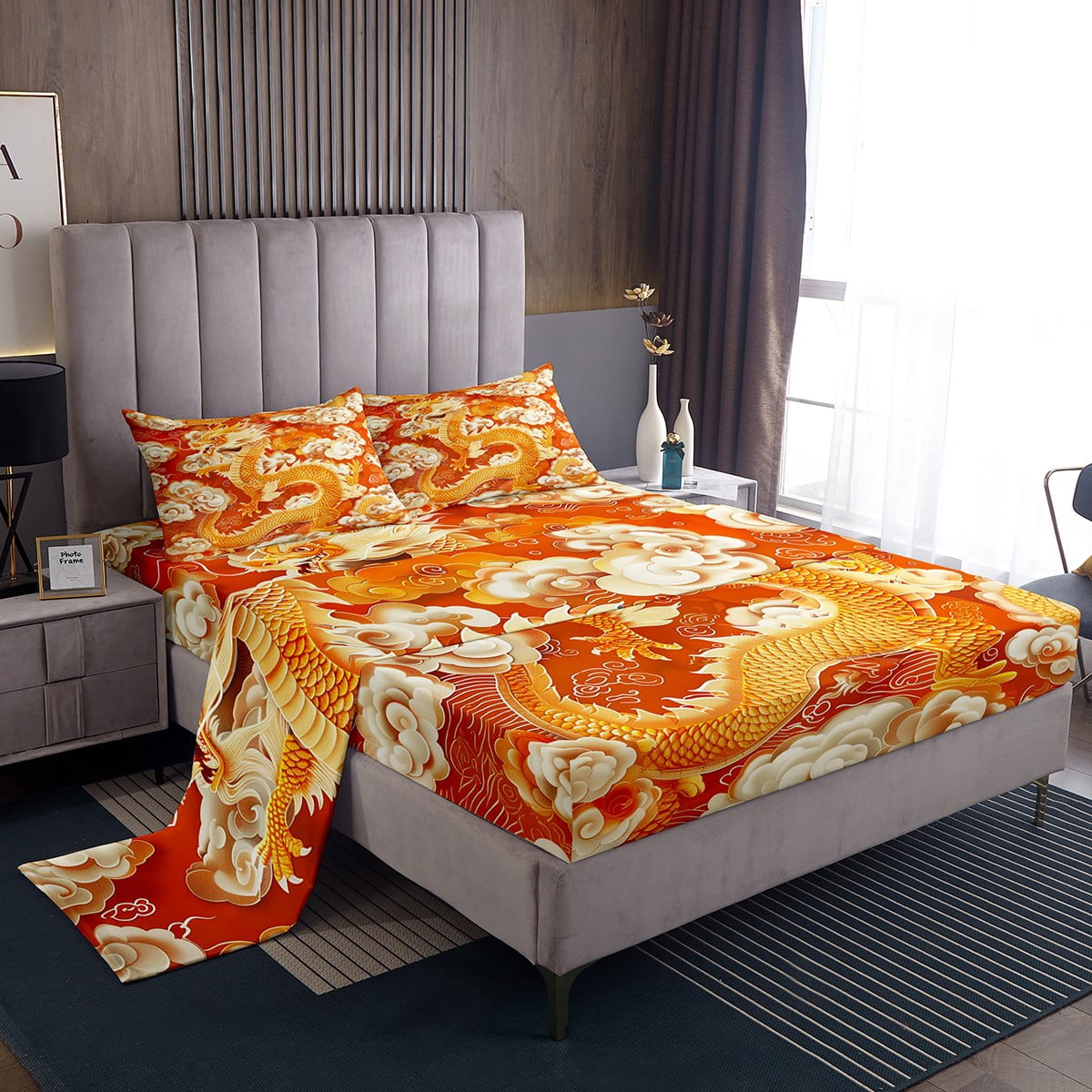 Dragon Bed Sheets Set Japanese Style Sea Waves Sheet Set Queen,Mythical ...