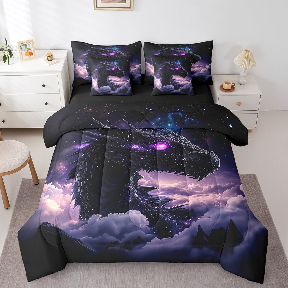 Dragon Bedding Set 7 Pieces King,Purple Eyes Animals Cloud Comforter ...