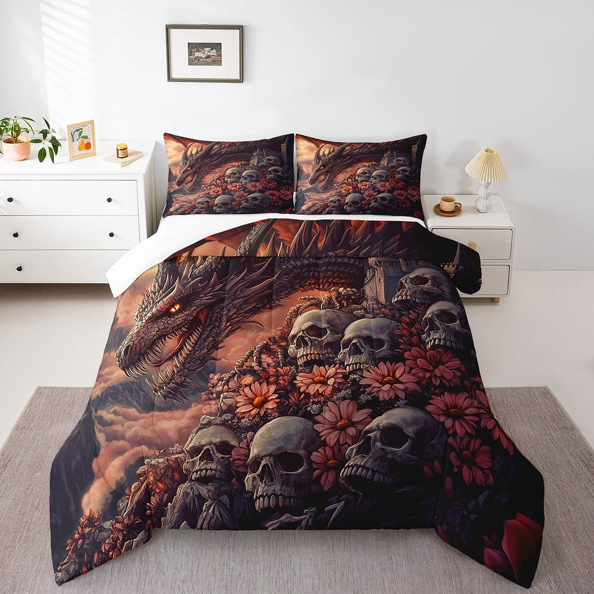 Dragon Bedding Set Teens Men Extoic Flower Skull Comforter Set,Gothic ...