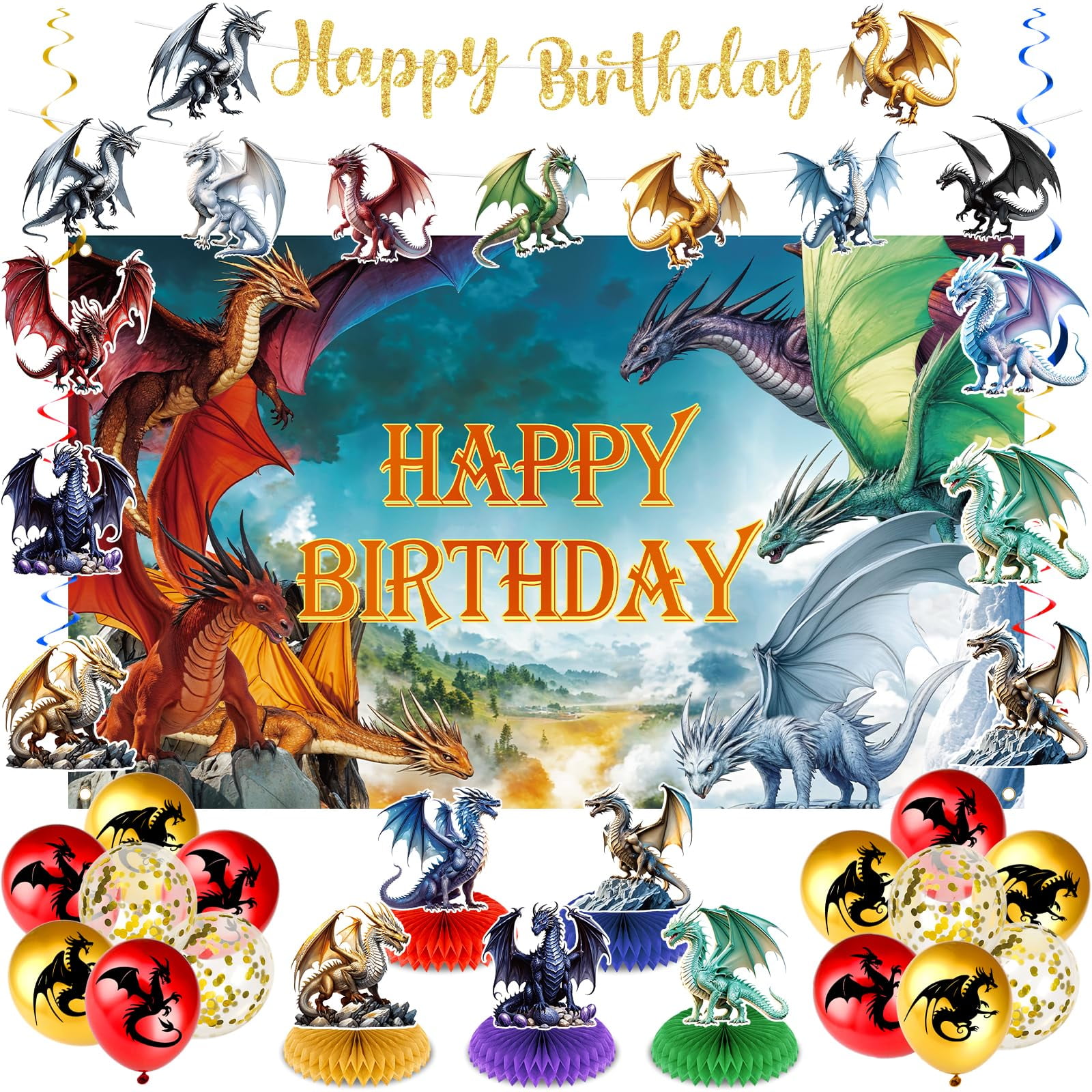 Dragon Birthday Party Decorations IFF17 27Pcs Black Gold Dragon Knight ...