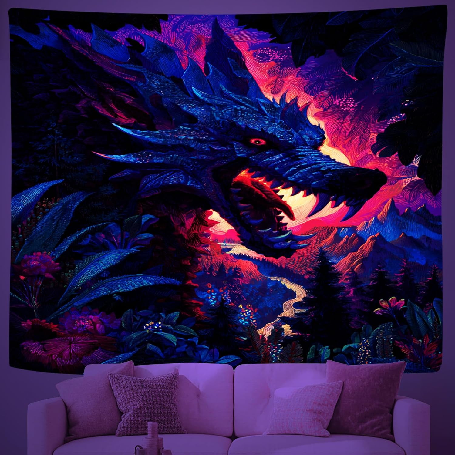 Dragon Blacklight Tapestry, Gothic Animal Tapestry UV Reactive, Plant ...