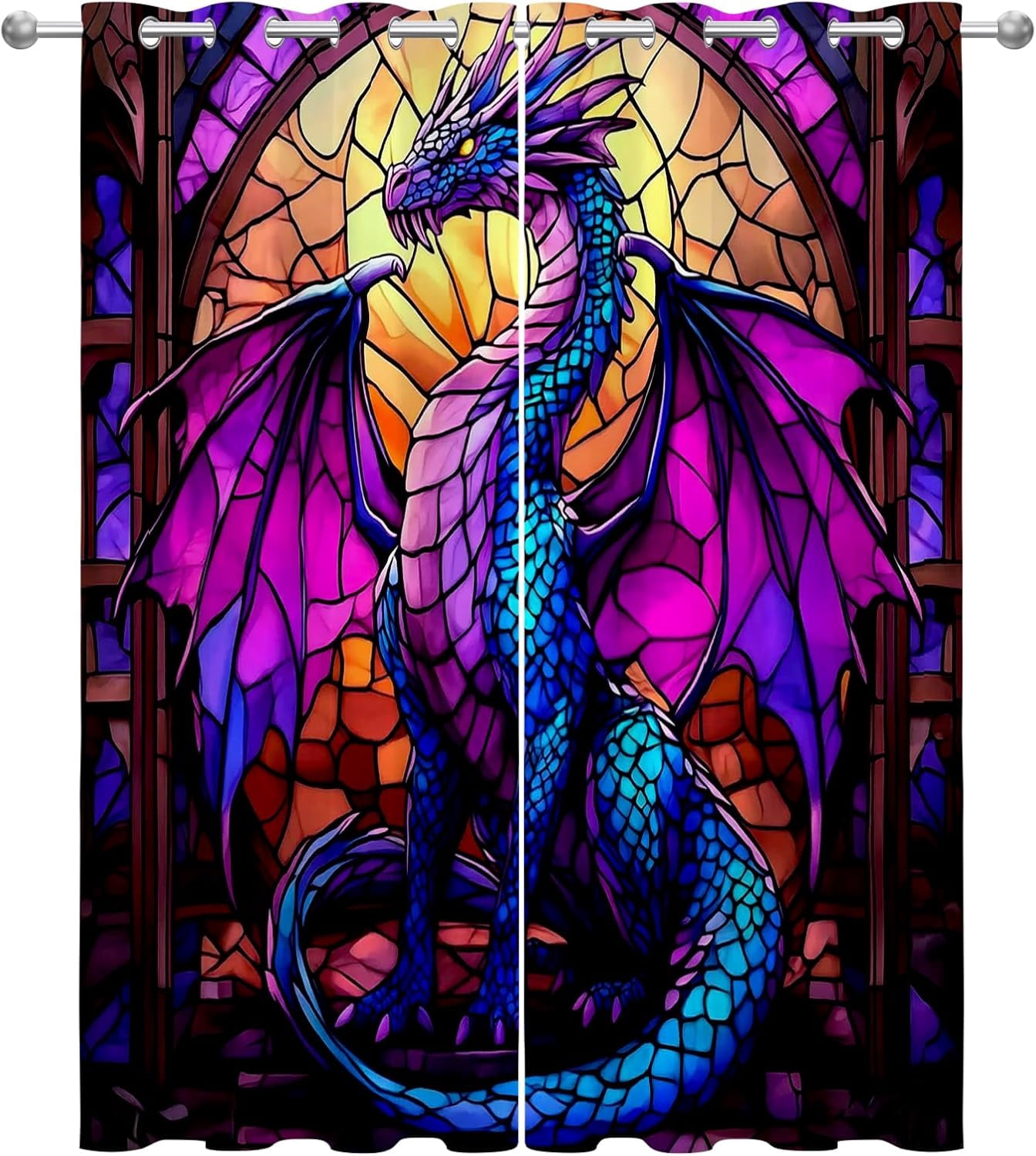 Dragon Blackout Curtains, Stained Glass Mythical Fantasy Patterned ...