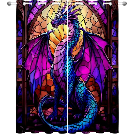 Dragon Blackout Curtains, Stained Glass Mythical Fantasy Patterned ...