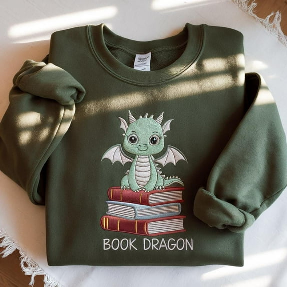 Dragon Book Embroidered Sweatshirt, Fantasy Book Reader Sweatshirt ...