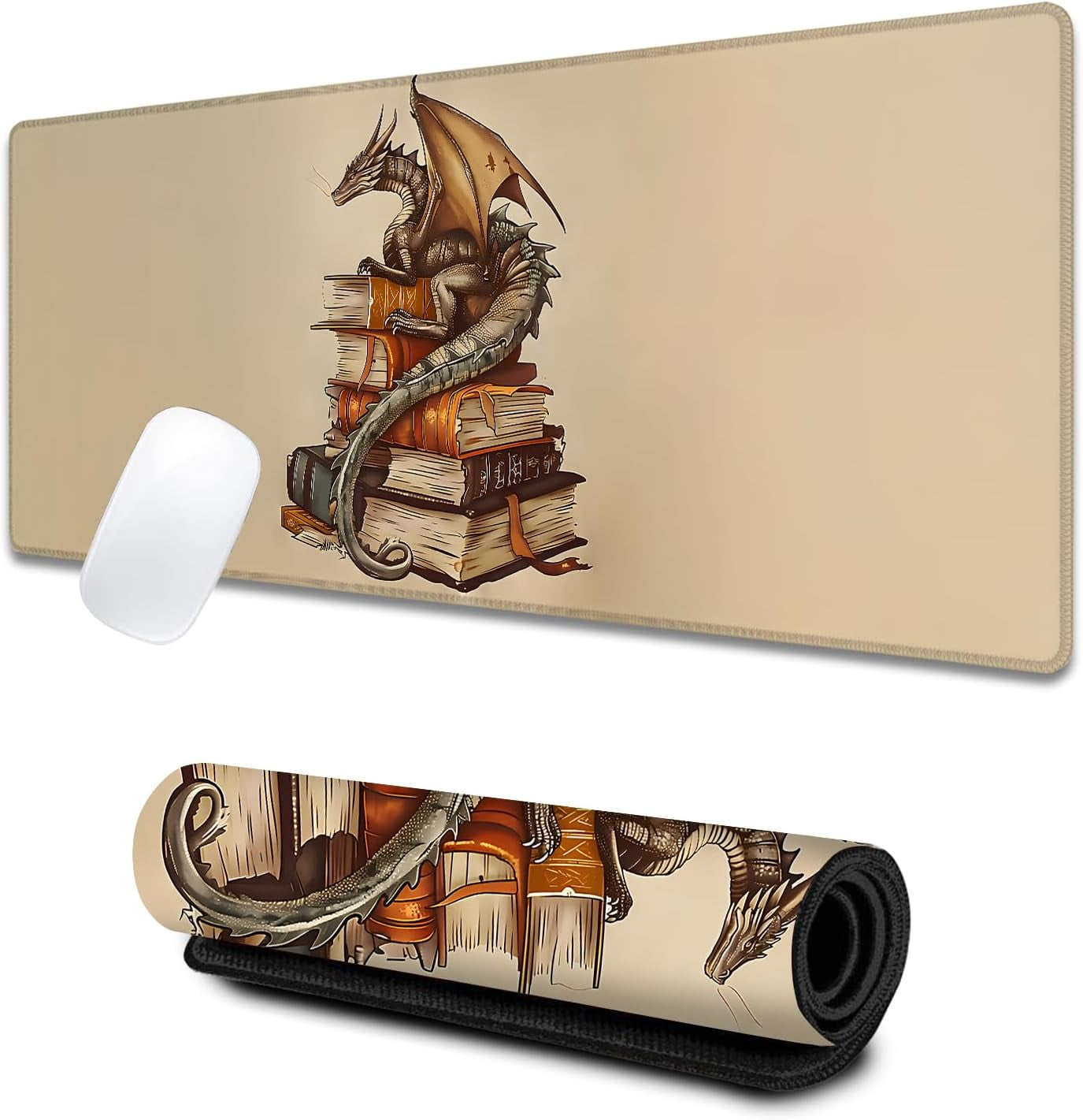 Dragon and Book Retro Large Gaming Desk Mat,Rubber Non-Slip Fantasy ...