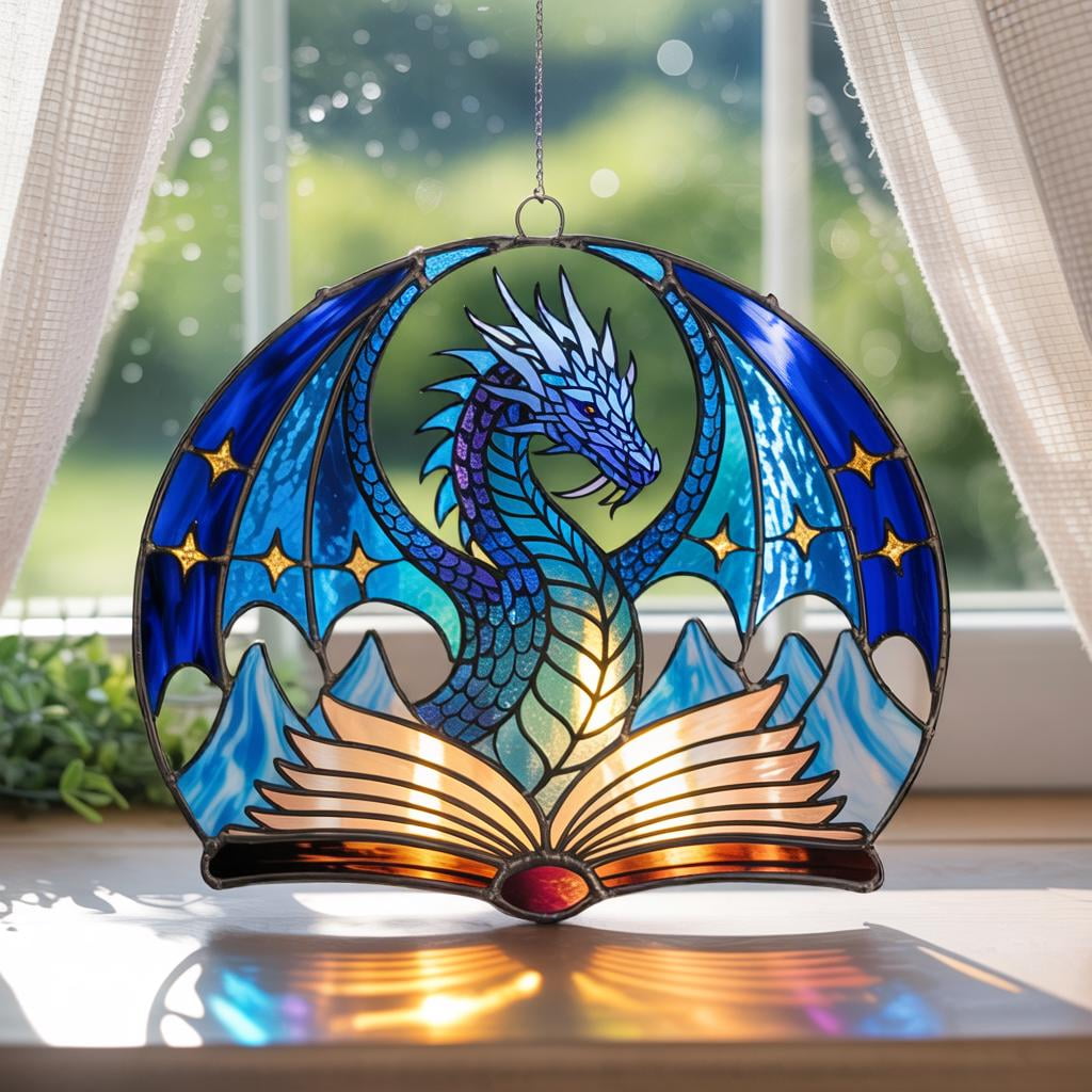 Dragon Book Suncatcher, Stained Glass Fantasy Window Hanging, Dragon ...