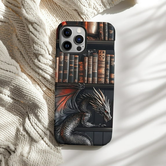 Dragon Bookshelf Goth Dark Black Gold Phone Case 17 16 15 14 13 12 11 ...