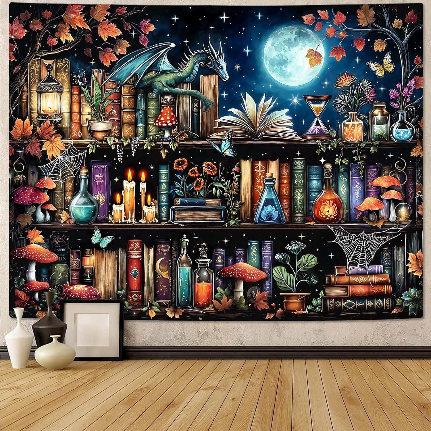Dragon Bookshelf Tapestry Witchy Mushroom Bookshelf Tapestries Wall ...