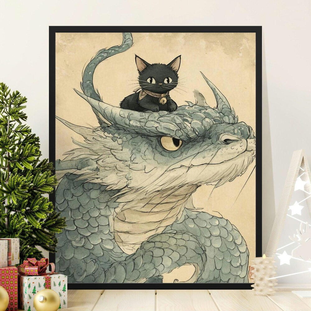 Dragon And Cat Poster, Animal Art Print, Wall Decor, Cute Cat Art ...