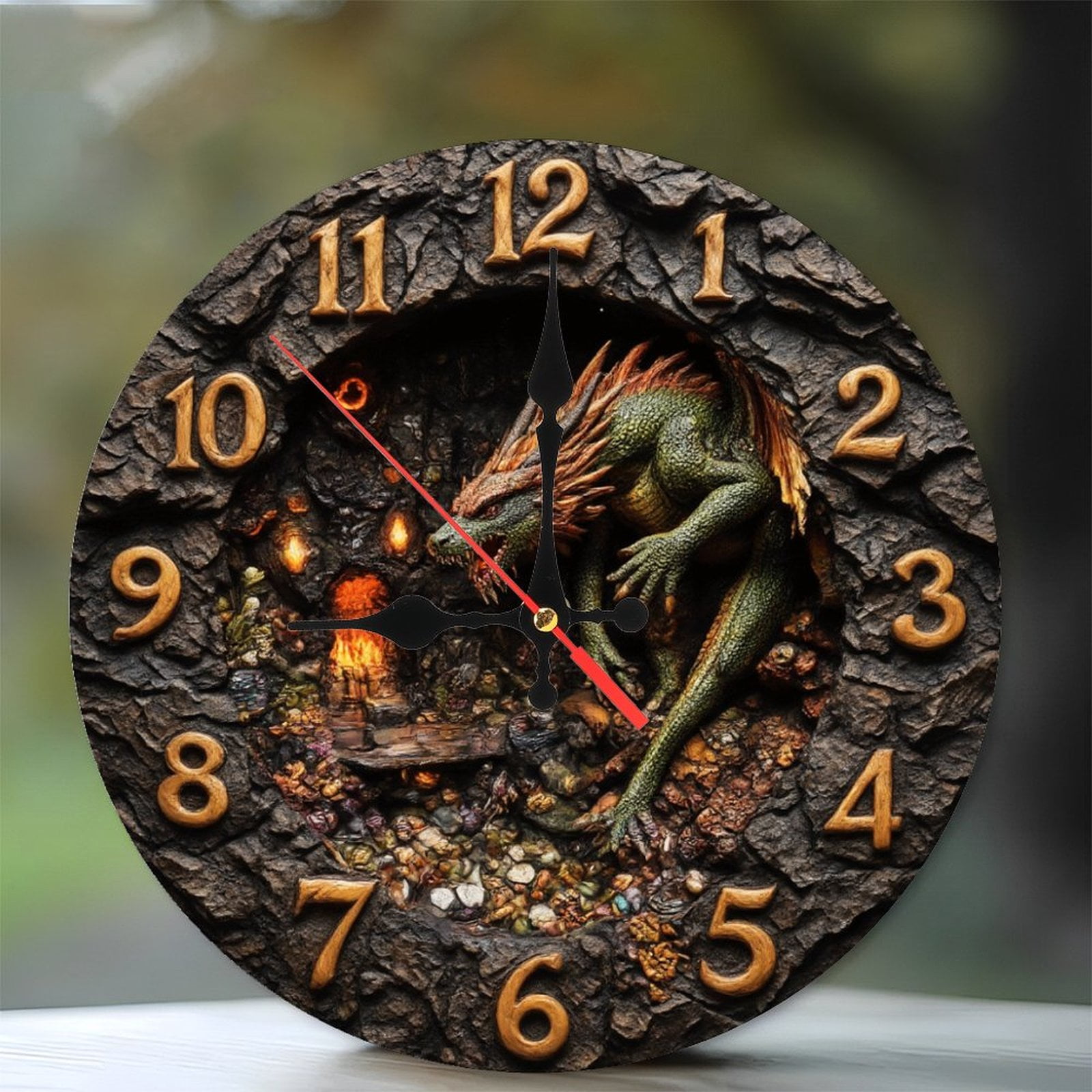 Dragon Cave Fantasy Clock Resin Sculpture Wall Decor 10-Inch Silent Wooden Wall Clock, Battery ...