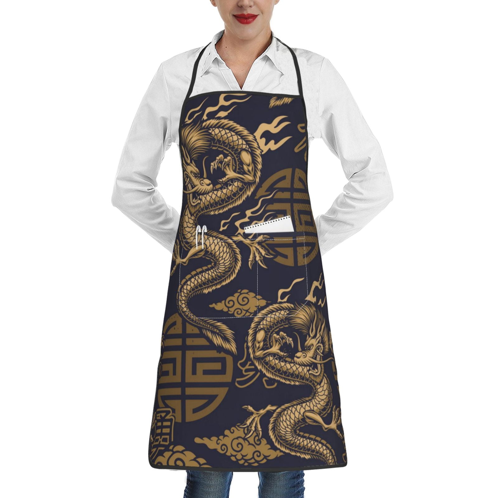 Dragon Chinese Style Chinoiserie Apron with Pocket Cooking Waterproof ...