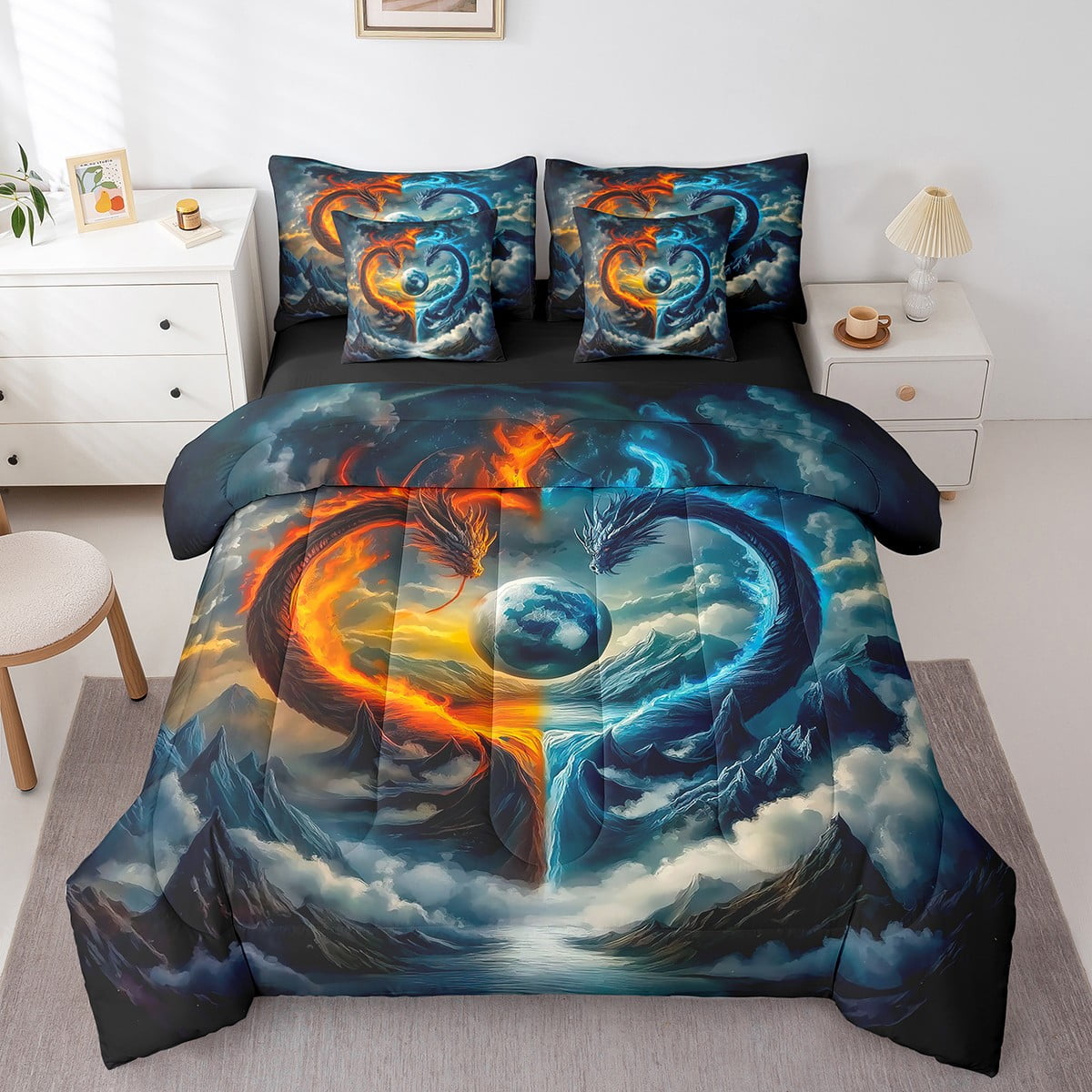 Dragon Comforter Set 7 Pieces,Dragon Fighting Red Blue Bed Set ,Natural ...