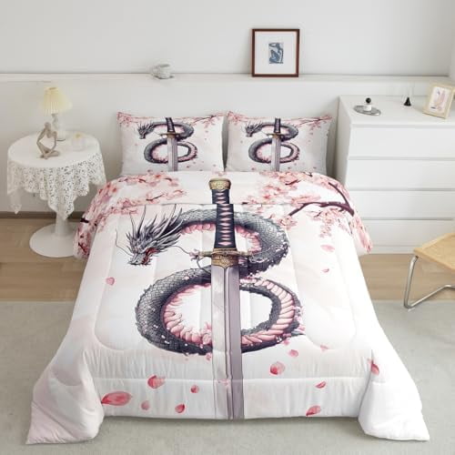 Dragon Comforter Set,Japanese Style Pink Cherry Blossom Floral Bedding ...