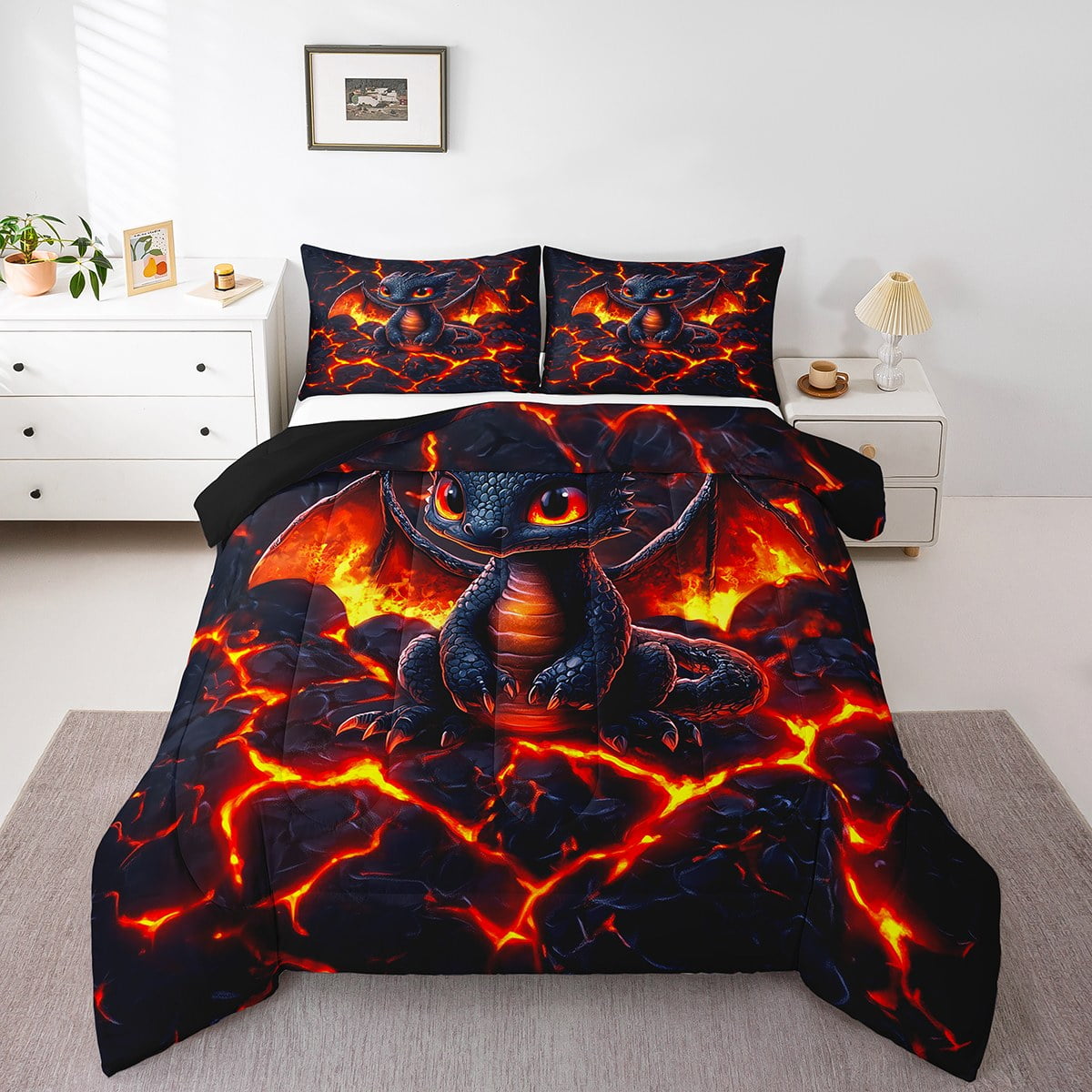 Dragon Comforter Set Twin Size,Volcano Eruption 3D Red Lava Flame Print ...
