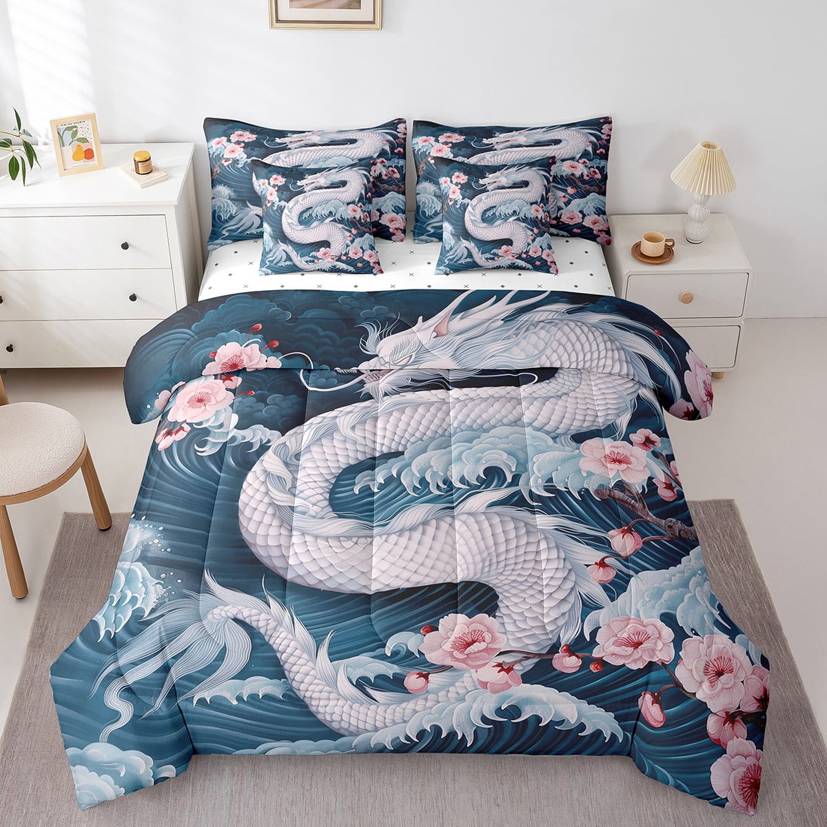 Dragon Comforter Set Ukiyoe Style Twin 7-Piece Bedding Set Japanese Sea ...