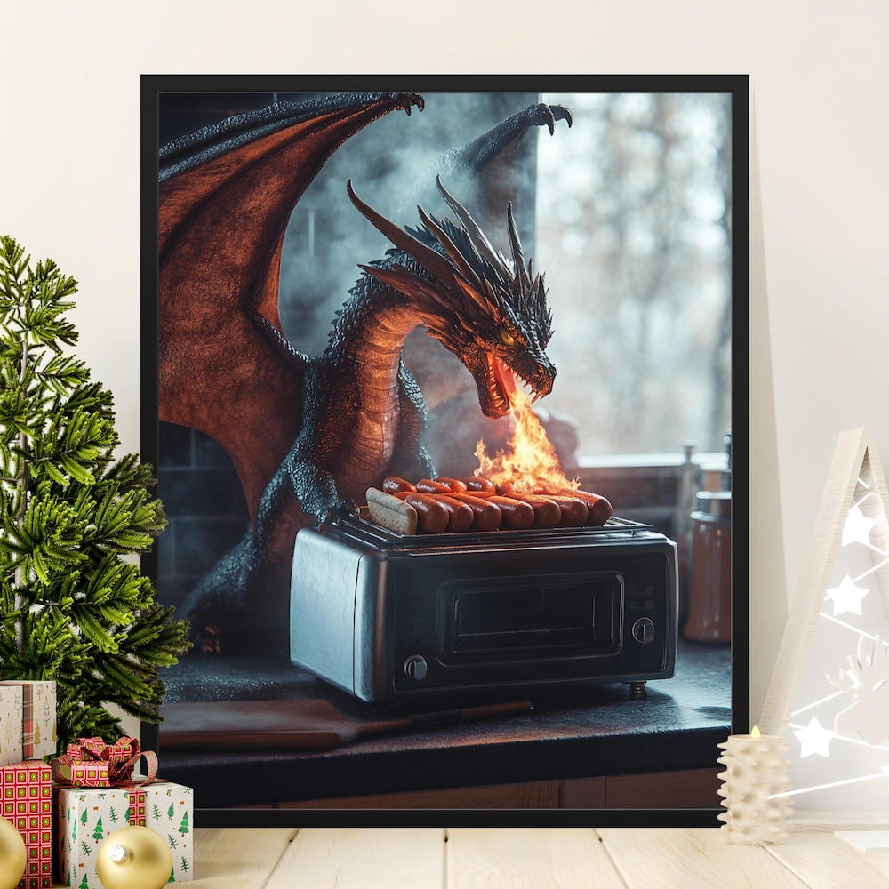 Dragon Cooking Hotdogs Poster, Epic Dragon Artwork Print, Fire ...