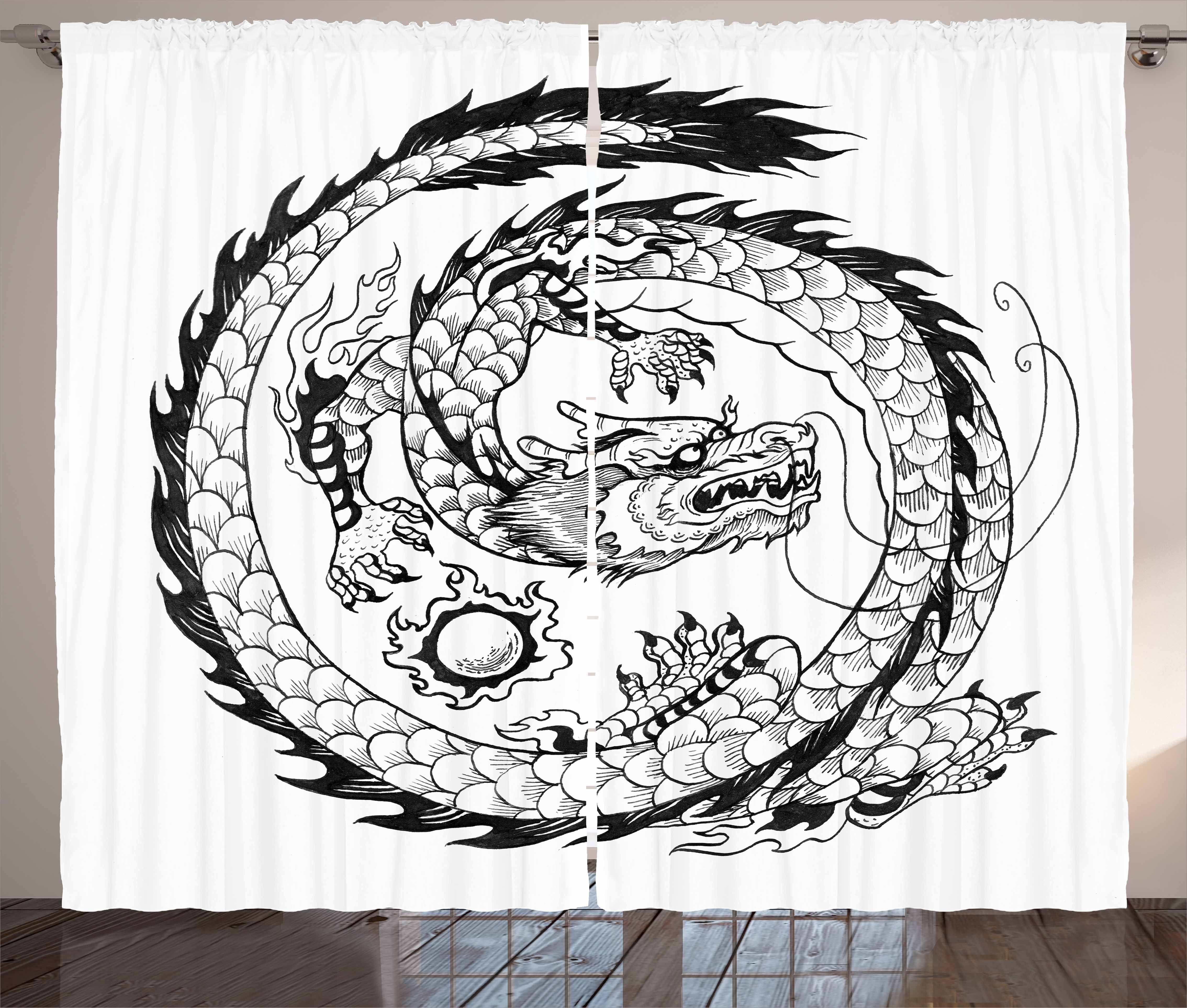 Ambesonne Dragon Curtains 2 Panel Set, Japanese, 108" x 84", White and ...