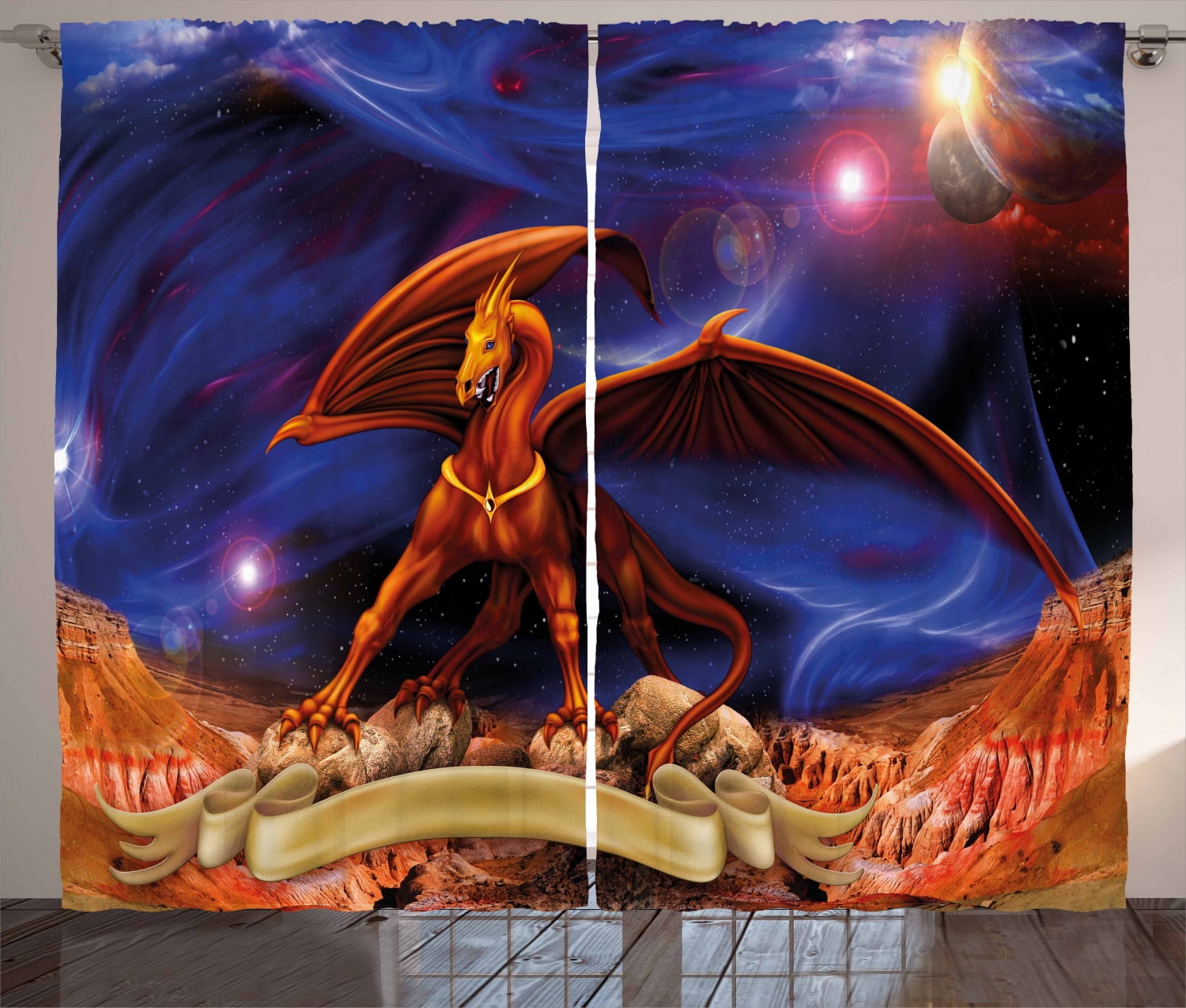Ambesonne Dragon Curtains 2 Panel Set, Dragon Knight Cosmos, 108" x 96 ...