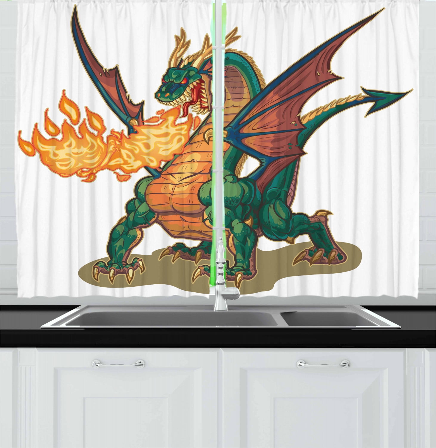 Dragon Curtains 2 Panels Set, Mythical Fire Spitting Monster Dreamy ...