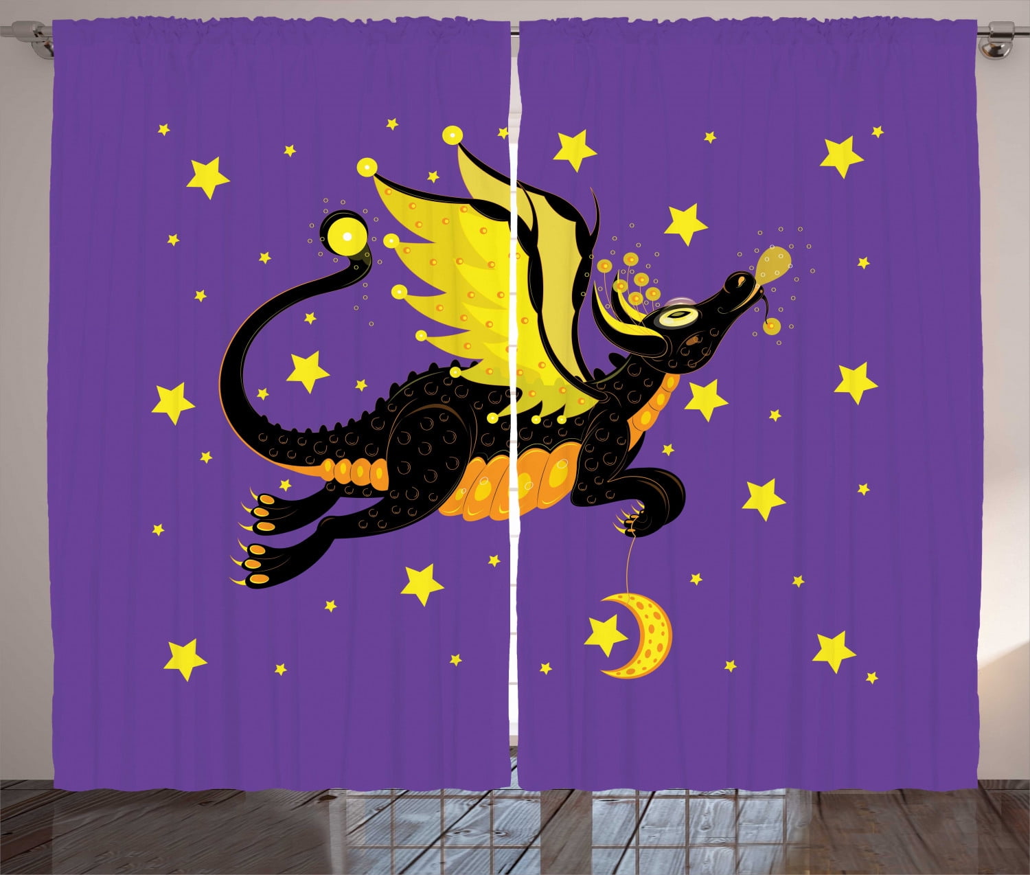 Ambesonne Dragon Curtains 2 Panel Set, Moon and the Stars at Night, 108 ...