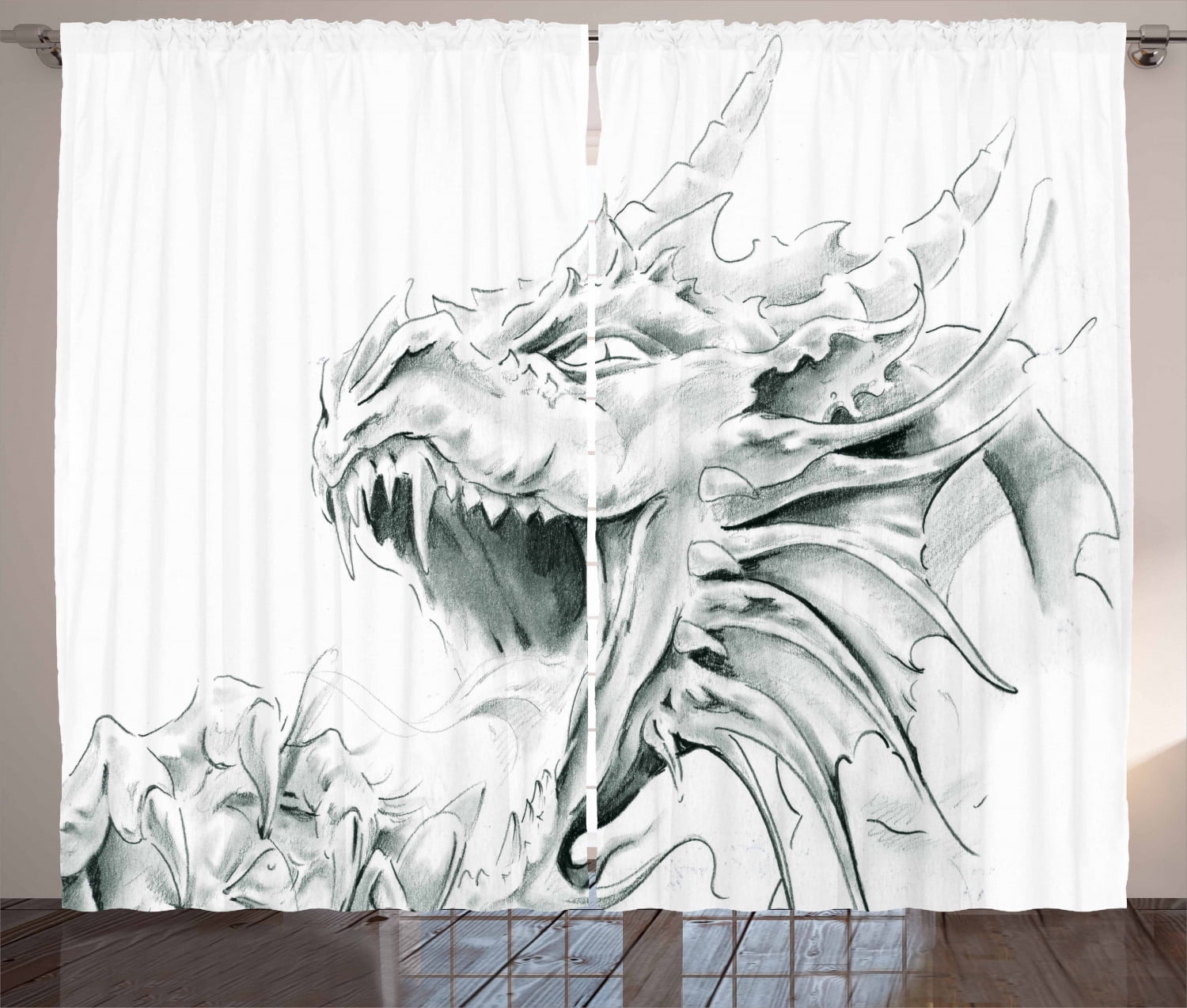 Ambesonne Dragon Curtains 2 Panel Set, Medieval Myth Sketch, 108" x 108 ...