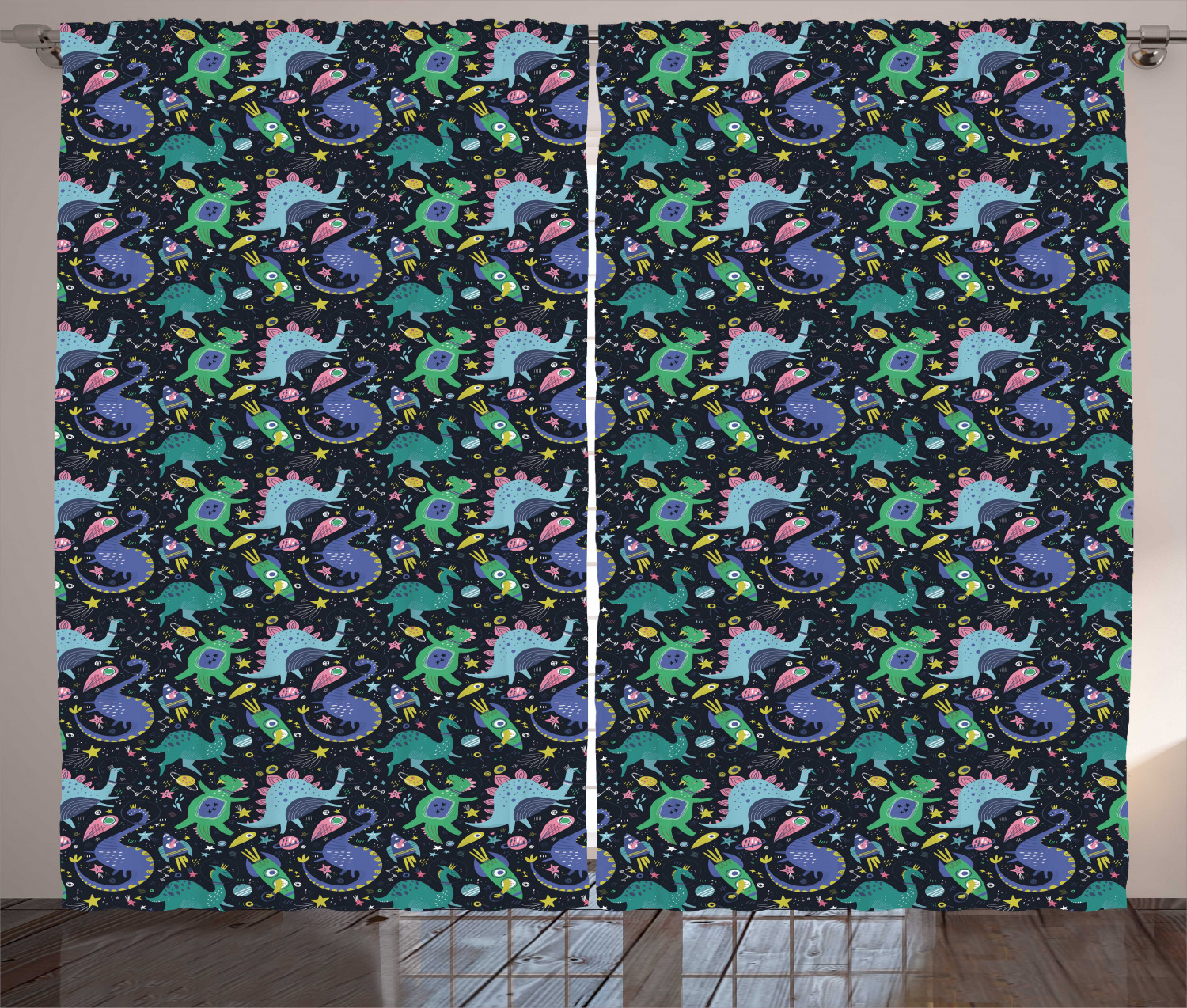 Ambesonne Dragon Curtains 2 Panel Set, Space Themed Dinos Planets, 108 ...