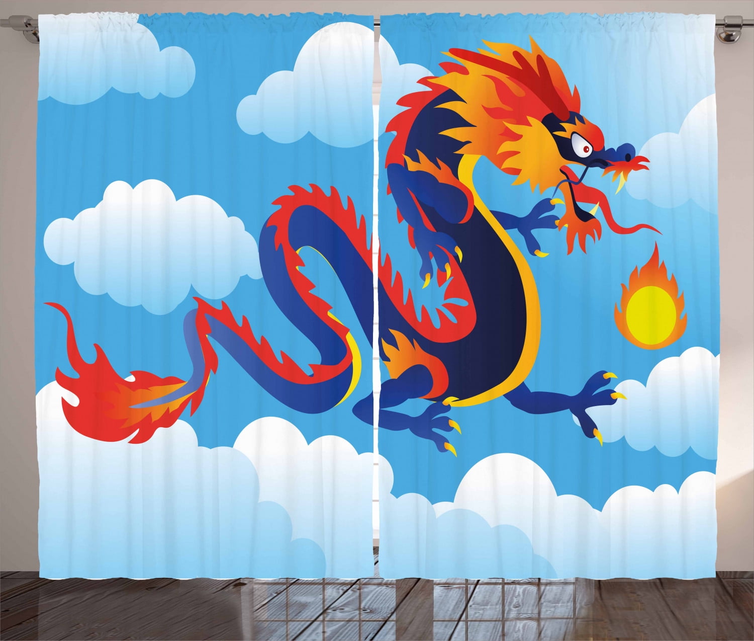 Ambesonne Dragon Curtains 2 Panel Set, Surreal Folk Tale Art, 108" x 63 ...