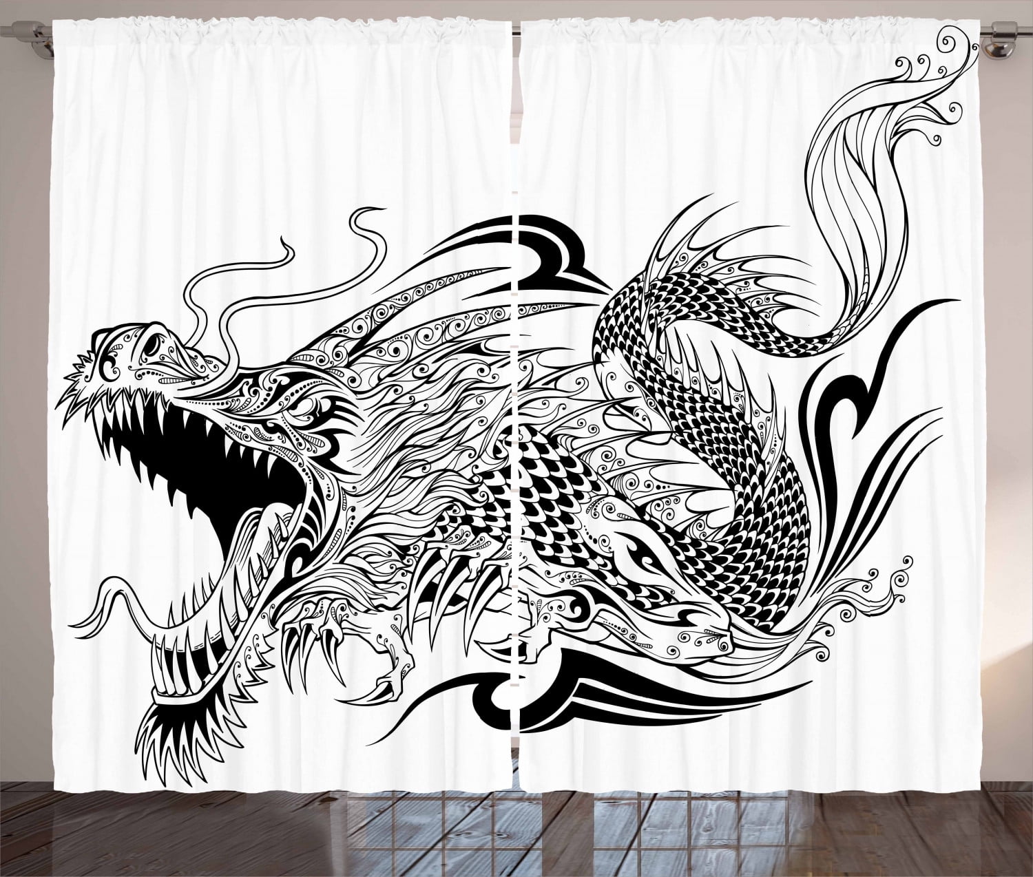 Ambesonne Dragon Curtains 2 Panel Set, Creature Art, 108" x 63", Black ...