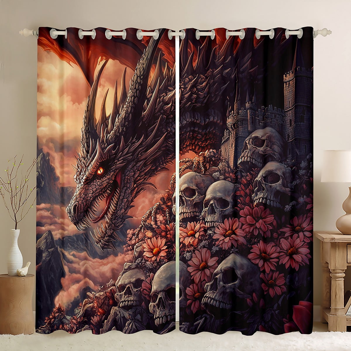 Dragon Curtains & Drapes Teens Men Extoic Flower Skull 30%-50% Blackout ...