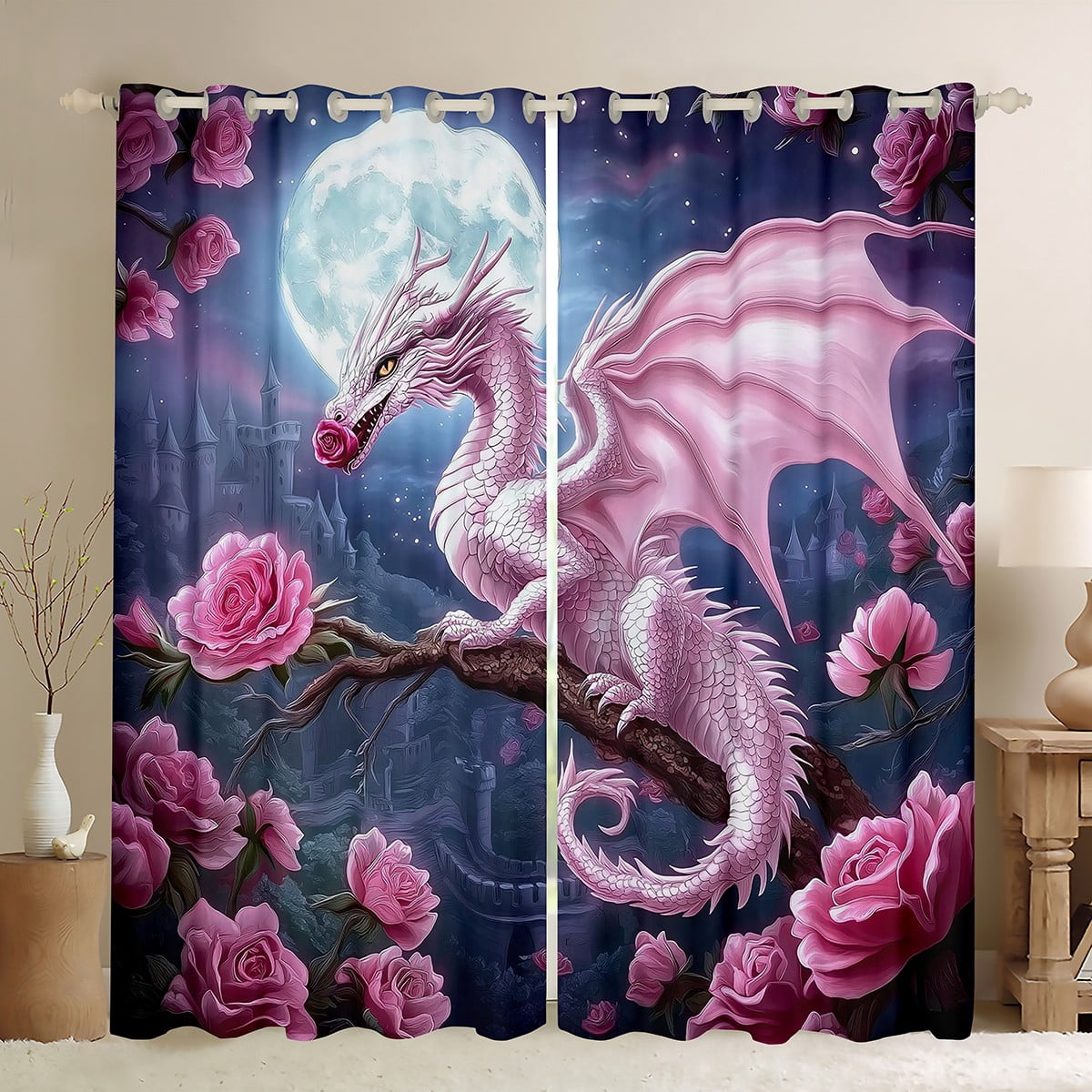 Dragon Curtains for Living Room,Romantice Pink Flowers Window Drapes ...