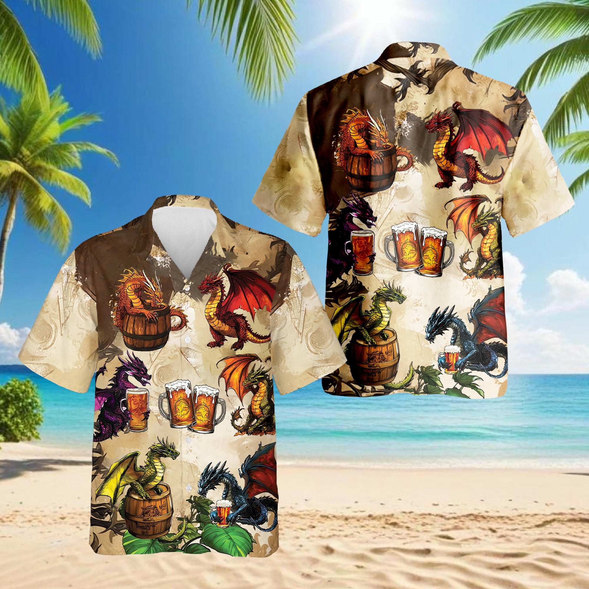 Dragon Drinks Beer Hawaiian Shirt for Men, Button Down Summer Beach ...