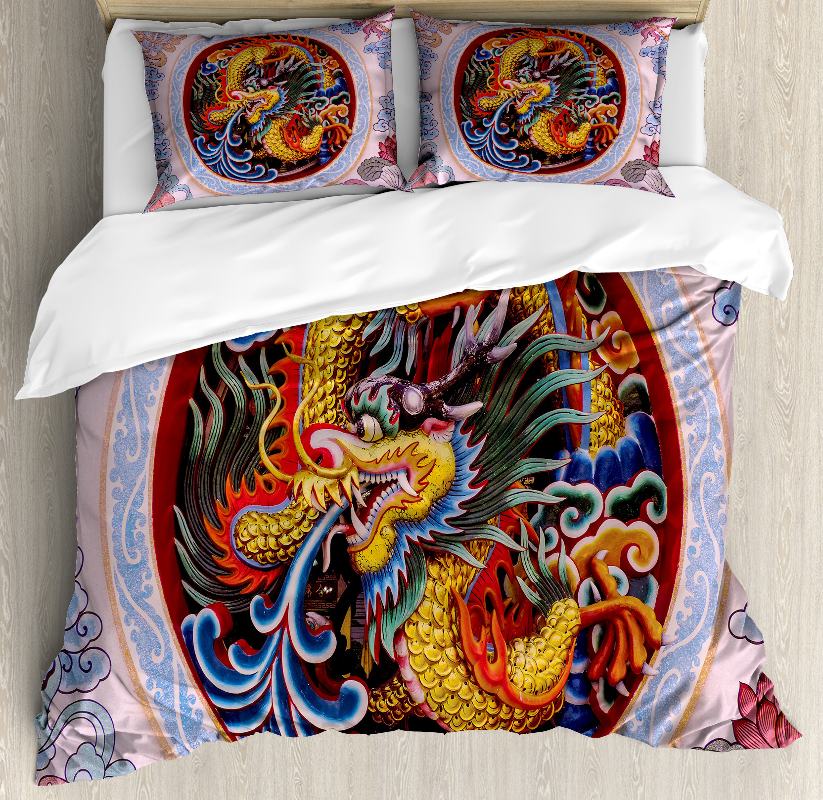 Dragon Duvet Cover Set, Chinese Horns Mane and Claws Flower Ornament ...