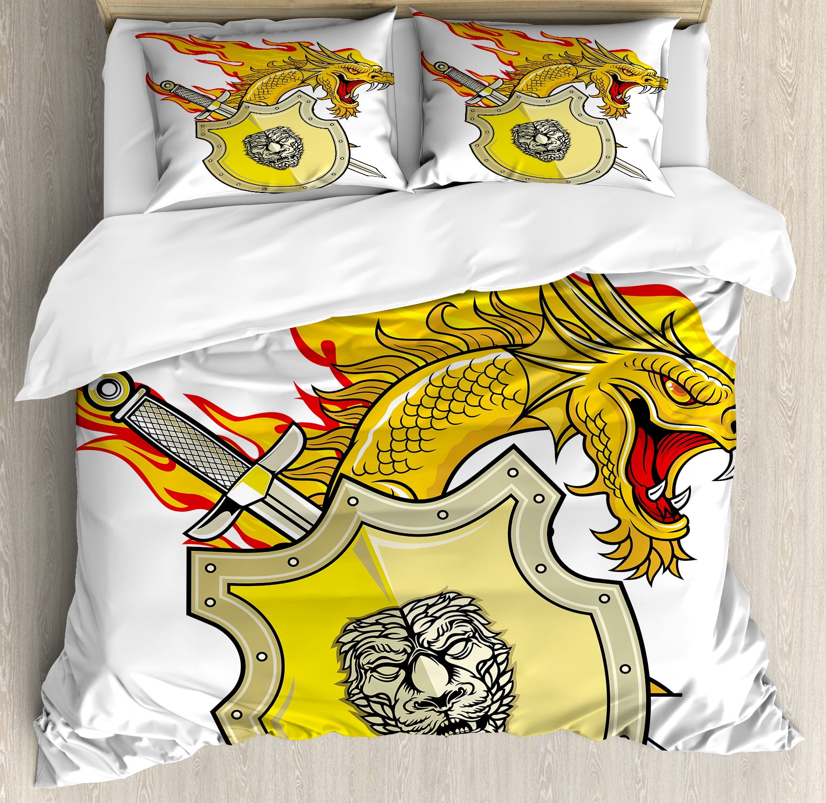 Dragon Duvet Cover Set, Creature with Royal Shield Hero Knight Medieval ...